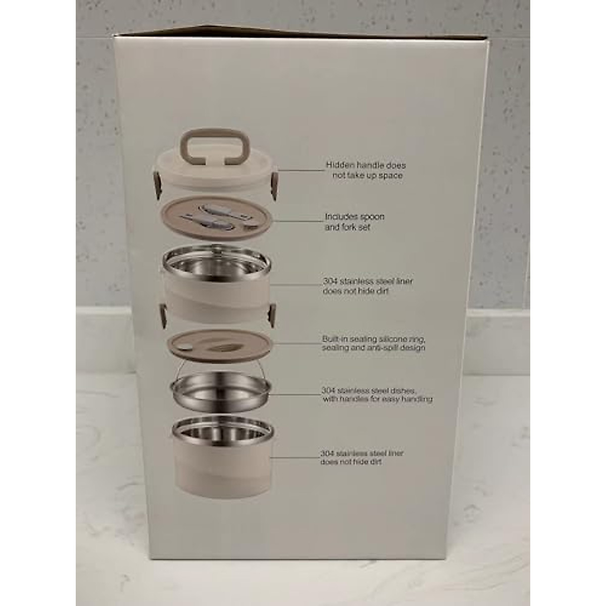 Lille Home Stackable Stainless Steel Thermal Compartment Tiffin Lunch/Snack Box, 3-Tier Insulated Bento/Food Container with Lunch Bag and Utensils, 88 OZ (Beige)