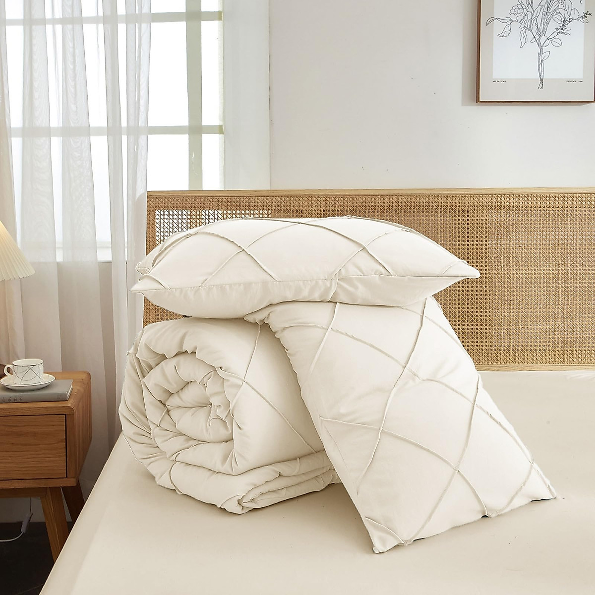 LifeTB Tufted Boho Comforter Set King Size Cream White Diamond Pattern Comforter Set Shabby Chic Bedding Jacquard Comforter Set Geometric Farmhouse Ivory Comforter with 2 Pillowcases All Season