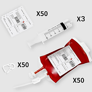 50 Packs Halloween Blood IV Bags for Drinks, Halloween Drinks Pouches Reusable Juice Container for Zombie Theme Carnival Vampire Party Decorations Supplies, 12.6 fl.oz (50pcs Bag, 50 Label,3 Syringes)