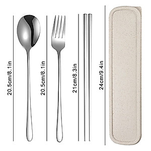 Xihuimay 3pcs Stainless Steel Chopsticks Fork Spoon Set with Travel Case Non-Slip Tabeware Pack Metal Portable Flatware Set Utensils Chinese Japanese Korean for Cooking Eating Dishwasher Safe, White