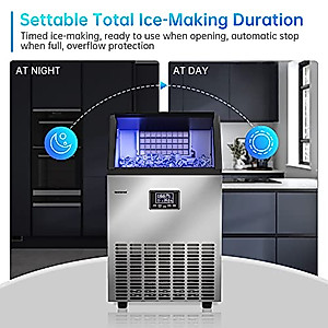 RESTISLAND Commercial Ice Maker Machine, 100 lbs /24 h, 33 lbs Storage Bin, Stainless Steel, Compact, Embedded, Self-Cleaning, Perfect for Home/Office/Shop/Cafe, Includes Ice Scoop, Connection Hose