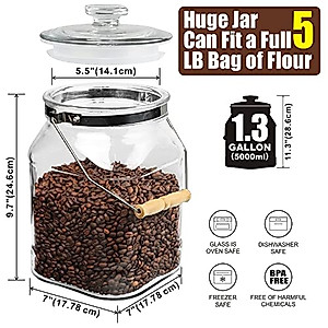 Daitouge 1.3 Gallon Wide Mouth Glass Jars with Lids, Heavy Duty Glass Canisters with Lids, Canning Jars with Removable & Rotatable Wooden Handle, 1 Pack