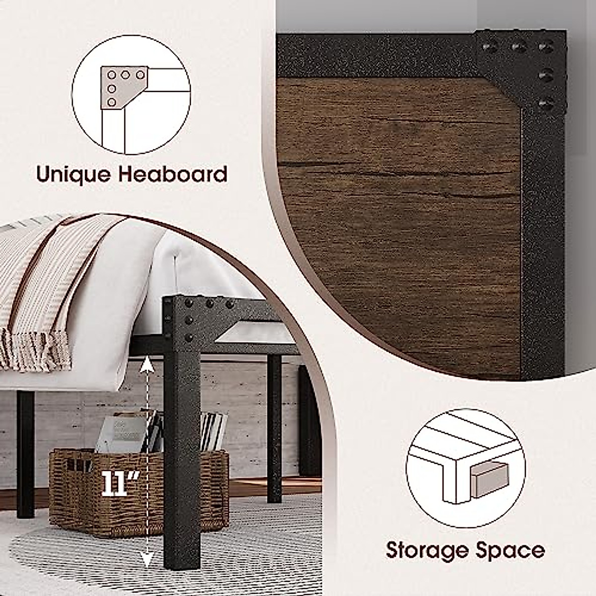 WEEWAY Queen Size Metal Platform Bed Frame with Wood Headboard, Industrial Rivets Design, Large Under Bed Storage, Mattress Foundation, No Box Spring Needed, Brown