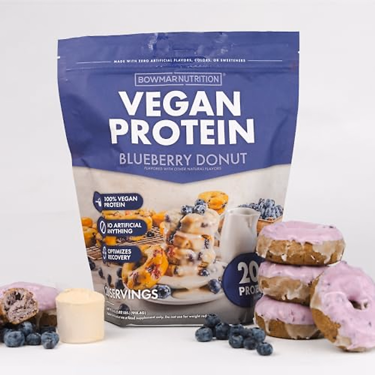 BOWMAR NUTRITION Vegan Protein, Vegan Gluten Free Protein Powder, 20-22g of Protein, Low Fat, Delicious Tasting. Pea, Pumpkin Seed, Watermelon Seed, & Sunflower Seed Protein (Blueberry Donut)