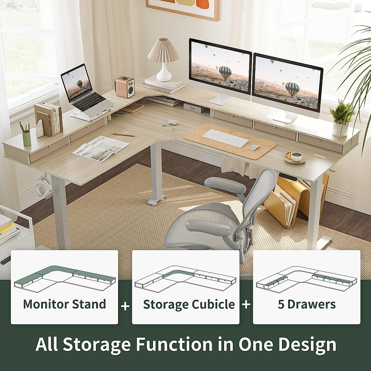 FEZIBO 75 Inches Triple Motor L Shaped Standing Desk Reversible, Electric Height Adjustable Corner Stand up Desk, Sit Stand Desk Computer Workstation, White Frame/Light Walnut Top