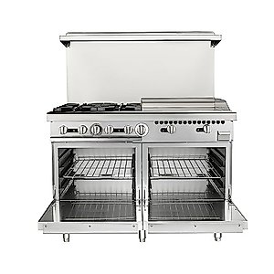WMAOT 48" Commercial Range with 4 Burner 4.25 Cu.Ft 2 Electric Oven 24" Griddle 214000 BTU Manual Natural Gas Range for Commercial Kitchen Restuarant Bar