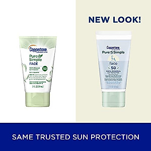 Coppertone Pure & Simple For Face SPF 50 Sunscreen Lotion, Zinc Oxide Mineral Sunscreen Lotion, Water Resistant, Hypoallergenic, Travel Size 2 Ounce