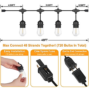 96FT(48ft*2) LED Outdoor String Lights S14 Waterproof Shatterproof Patio Lights with Dimmable Edison Bulbs Connectable Commercial Grade Hanging Light Strings with 30+3 Bulbs for Backyard Balcony