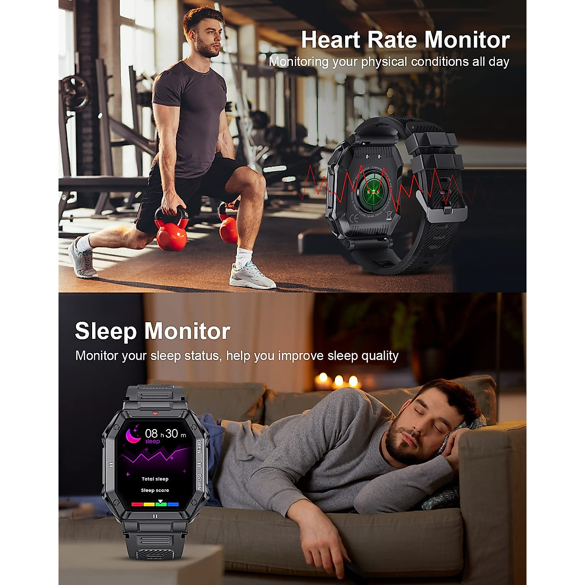 Smart Watches for Men, 1.85 Inch Android iOS Military Smart Watch, Smartwatch with Blood Pressure/Heart Rate/Blood Oxygen Monitor/24 Sports, IP67 Waterproof Tactical Sport Fitness Tracker, 350mAH