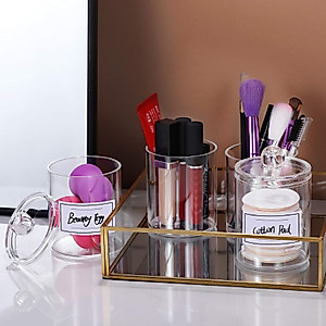 AOZITA 4 Pcs, 10 OZ Qtip Holder Dispenser for Cotton Ball, Cotton Swab, Cotton Round Pads, Floss - Clear Plastic Apothecary Jar Set for Bathroom Canister Storage Organization, Vanity Makeup Organizer