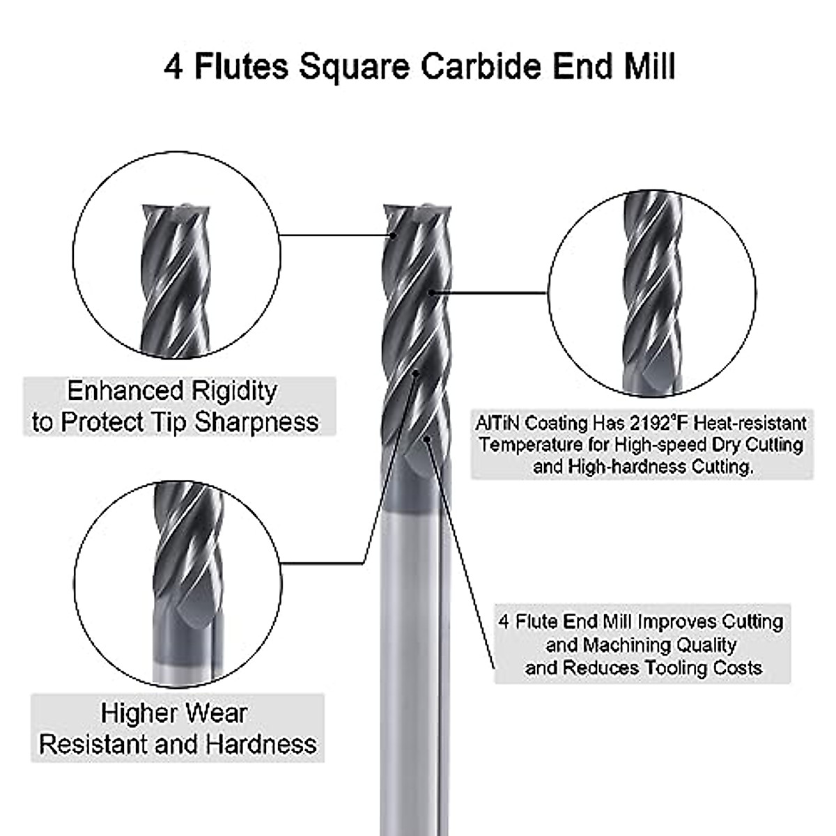 XYunEnZ ISB 1/8'' Carbide Square End Mill Set, 4 Flute Micro Grain Carbide Mill Bits for Alloy Steels/Hardened Steels/Aluminum/Copper, 5 Pcs