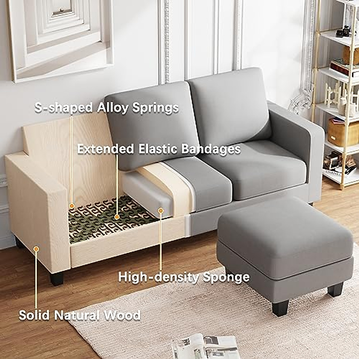 Furniwell Convertible Sectional Sofa Couch, L Shaped 3-Seat Small Couch for Living Room with Ottoman Modern Fabric Reversible Chaise for Apartment and Small Space(Light Gray)