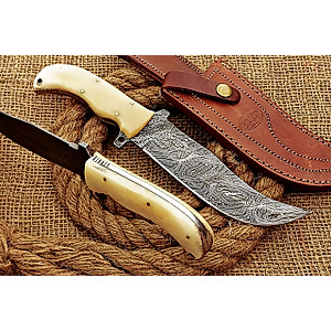 HUNTEX Handmade Hand-Forged Twist Pattern Damascus Steel 11 Inch Long Full Tang Camel Bone Handle Razor Sharp Hunting Camping Trail Knife w/Genuine Leather Sheath
