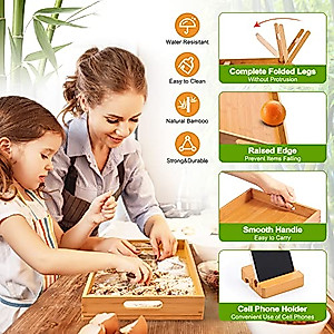 Greenual Bed Tray Table with Folding Legs for Eating Serving Tray with Handles Bamboo Breakfast Food Table Comes with Phone Holder Portable Snack Platter for Bedroom Hospital Picnic