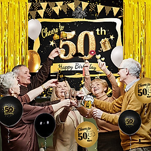 50th Birthday Decorations for Men Women,90 PCS Black Gold 50th and Fabulous Birthday Decorations,Including 50th Birthday Banner Backdrop,Crown,Balloons,Plates, Photo Props, Sash,50th Birthday Gifts