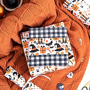 LeZakaa Reversible Halloween Wrapping Paper - Pumpkin, Witch Hat & Black and White Plaid Design for Halloween, Nightmare before Christmas Holiday, Party - 17 inches x 32.8 Feet (46.45 sq.ft.)