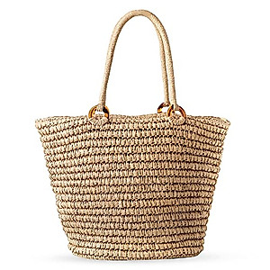 QTKJ Hand-woven Soft Large Straw Shoulder Bag, Beach Tote Beach Bags for Women, Boho Straw Handle Tote Retro Summer Beach Bag Rattan Handbag (Brown)