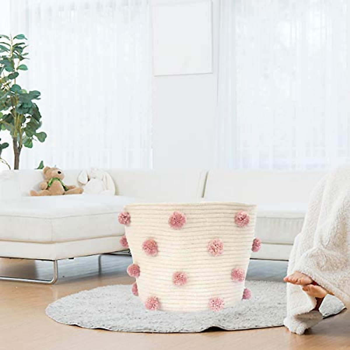 Camidy Cotton Rope Pom Storage Basket, Baby Photography Props Basket Toy Towel Blanket Storage Bin