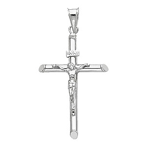 Ioka 14K White Gold Crucifix Cross Pendant with 1.2mm Singapore Chain Chain Necklace - 24"