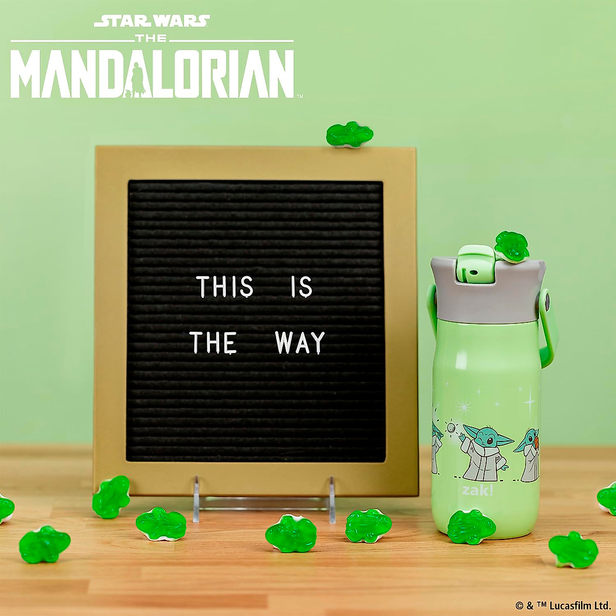 Zak Designs Harmony Star Wars The Mandalorian Kid Water Bottle for Travel or At Home, 14oz Recycled Stainless Steel is Leak-Proof When Closed and Vacuum Insulated (Baby Yoda, Grogu)