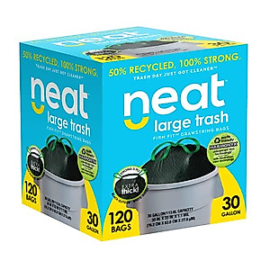 Neat Tall Kitchen 30 Gallon Drawstring Trash Bags - (MEGA 120 COUNT) - Triple Ply Fortified, Eco-Friendly 50% Recycled Material, Neutralize+ Odor Technology, Reversible Black and White Garbage Bags