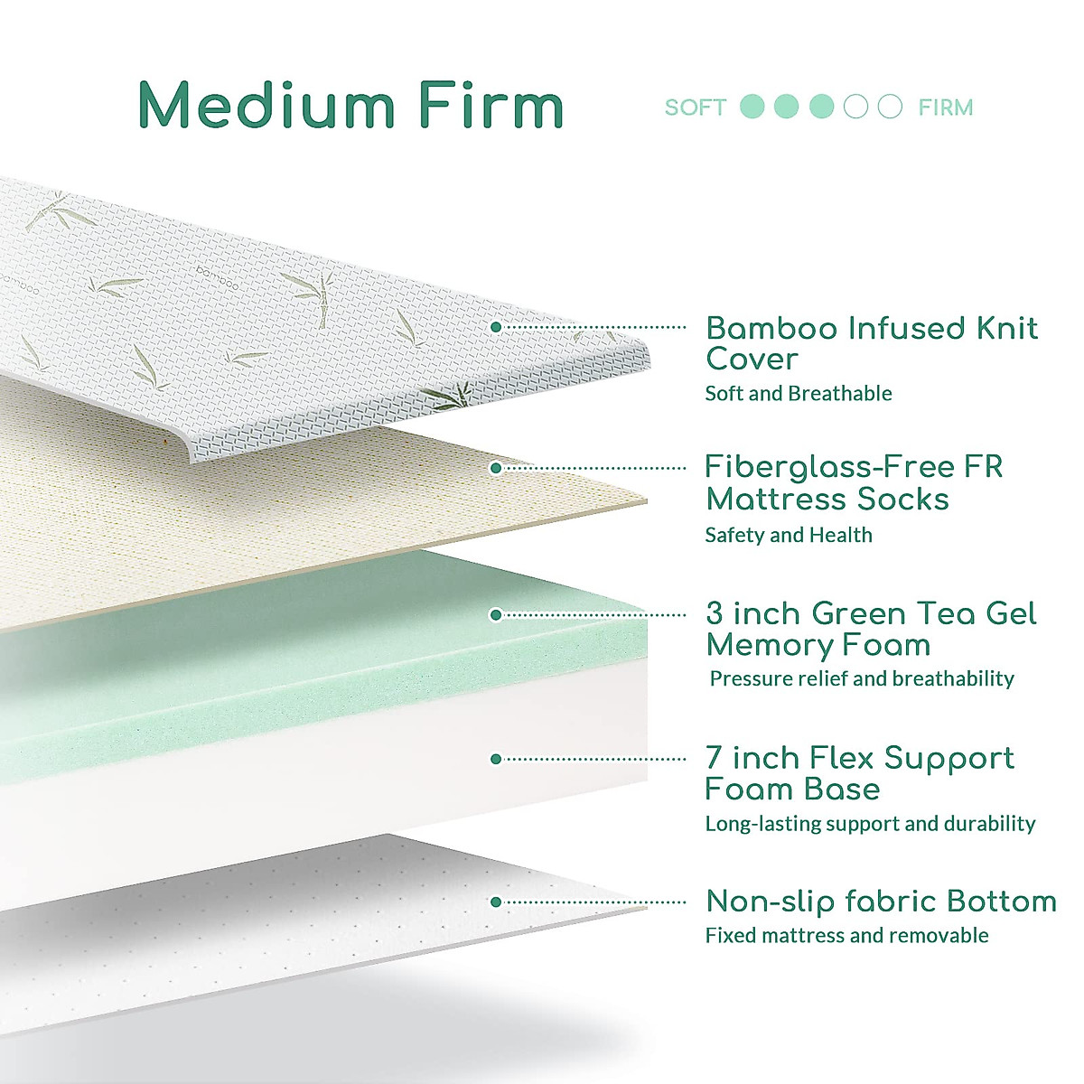 Airdown Queen Mattress, 10 Inch Memory Foam Mattress in a Box with Breathable Bamboo Cover, Medium Firm Green Tea Gel Mattress for Pressure Relieving, CertiPUR-US Certified, Made in USA White