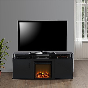 Ameriwood Home Carson Fireplace TV Stand for TVs up to 70 Inch, Replaceable Electric Fireplace Insert Heater, Realistic Log and Flame Effect, For Living Room or Bedroom, Black