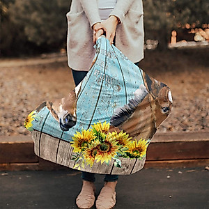 Funny Horse Baby Car Seat Covers, Nursing Cover Breastfeeding Scarf/Shawl, Infant Carseat Canopy, Stretchy Soft Breathable Multi-use Cover Ups, Farm Animals with Sunflower on Retro Wooden