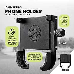 Stripebird - Original Magnetic Golf Cart Phone Holder (Black), Golf Caddy, Coolest Golf Cart Accessories, Cool Golf Gadgets, Slim Smartphone Mount