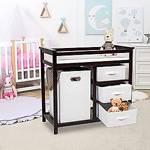 Baby Changing Table - Changing Station with Laundry Hamper, 3 Storage Baskets, and Pad, Multi Storage Nursery Changing Table for Infants or Babies (Dark Brown)