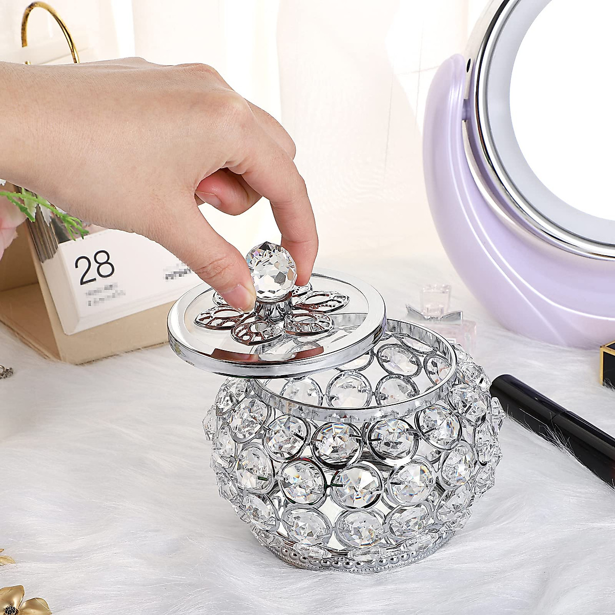 Hipiwe Crystal Jewelry Box with Glass Lid Small Trinket Organizer Mirrored Treasure Box Ring Holder Earrings Necklace Storage Box Keepsake Gift Box for Home Dresser Decor, Silver