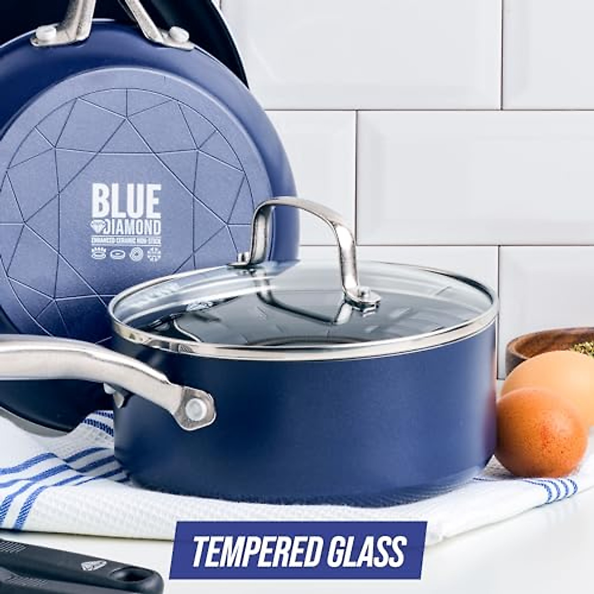 Blue Diamond 7” Universal Tempered Glass Lid, Frying Pan Skillet, Sauté, Saucepan, Stockpot, Oven Safe to 350°F, Dishwasher Safe, Stainless Steel Handle, Clear