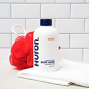 Huron Men’s Moisturizing Body Wash - Clean & Woody Scent of Sandalwood, Black Pepper, Cedarwood, & Amber - Made With Coconut Oil, Vitamin E & Witch Hazel - Vegan, Cruelty-Free - 12.2 fl oz