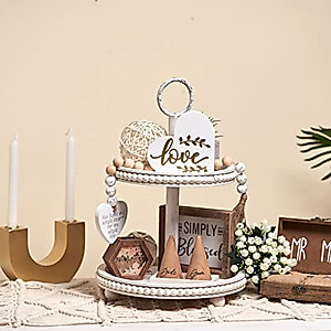GenMous & Co. Rustic Wood Beaded 2 Tiered Tray Stand For Farmhouse Kitchen Table Decor, Rustic White Two Tiered Serving Tray For Food Fruits Cupcakes Display Coffee Bar Home Party Seasonal Decorations