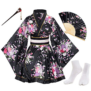 Japanese Anime Women's Dance Kimono Robe Fancy Dress Yukata Silk Folding Fans Tabi Hairstick Socks Set Black Large