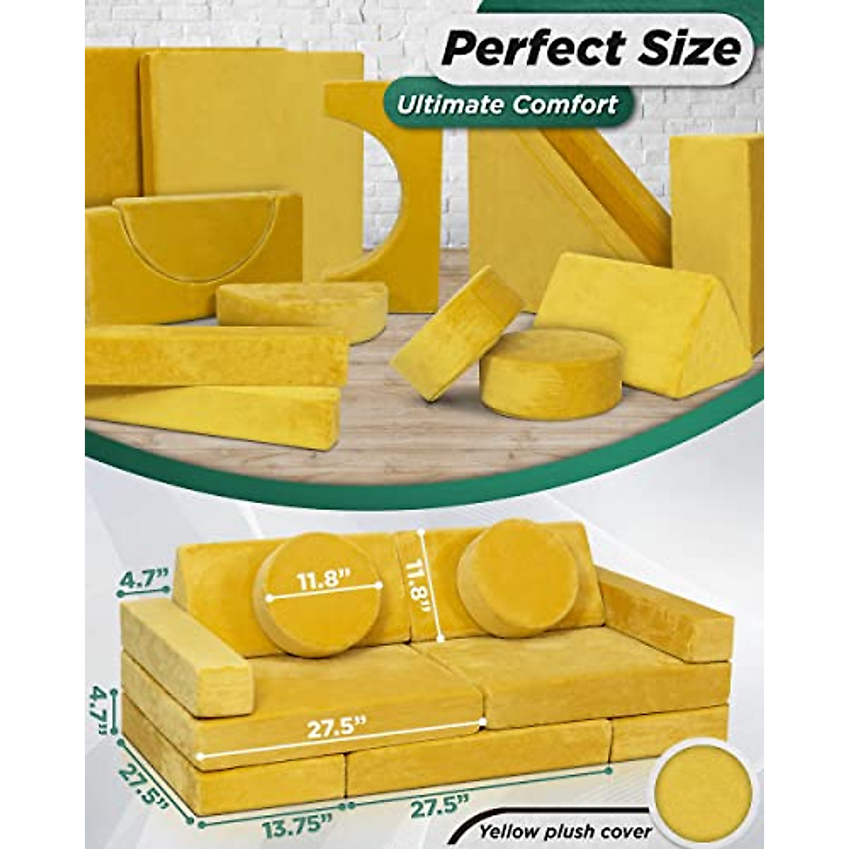 Lunix LX15 14pcs Modular Kids Play Couch, Child Sectional Sofa, Fortplay Bedroom and Playroom Furniture for Toddlers, Convertible Foam and Floor Cushion for Boys and Girls, Yellow