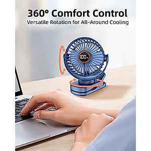 buywoo Portable Desk Fan, Battery Powered Stroller Fan With Strong Clamp Grip, 360° Rotation, 3-Speed & LED Display, Small Rechargeable Personal Clip On Fan For Bedroom, Office, Gyms, Blue