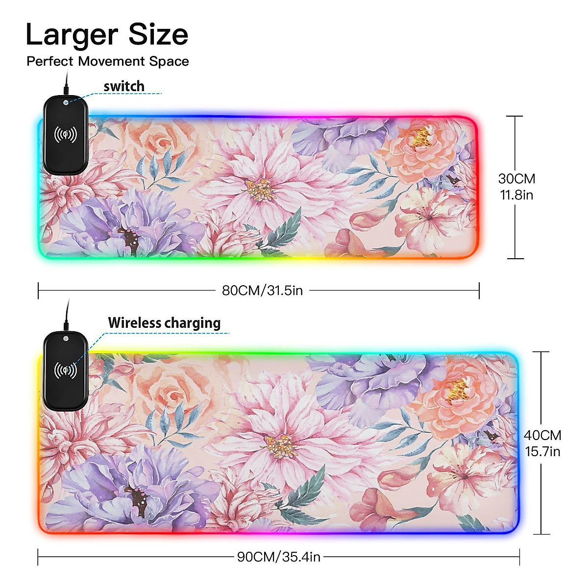 VKPSCHJ Wireless Charging Mouse Pad Watercolor Chrysanthemum Peony Rose RGB Gaming Mouse Mat 15W Fast Charging, Extra Large Computer Keyboard Mat with Non-Slip Rubber Base for Mobile Phone,PC, Lapto