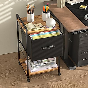 VECELO Mobile File Cabinet, Rolling Printer Shelf with Handle, Fabric Vertical Filing Cabinet fits Letter Size, Sturdy Steel Frame for Home Office, Brown