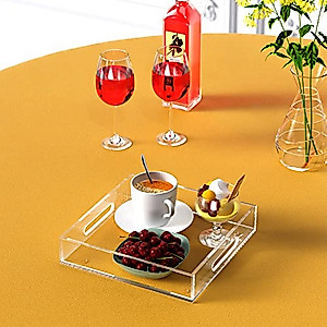 KOTEMON Acrylic Serving Tray with Handles-12x12x2.36Inch-Decorative Tray Letter Tray Organizer for Ottoman Coffee Table Countertop, Clear