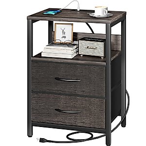 Yoobure Nightstand with Charging Station, Small Night Stand with Fabric Drawers and Storage Shelf for Bedrooms, Nightstands for Small Spaces, Bedside Table with USB Ports & Outlets, Bed Side Table