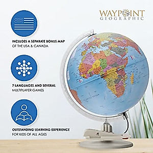 Waypoint Geographic Parlamondo Interactive Talking Globe, 12" Diameter Illuminated Globe, Smart World Globe with Games, Rechargeable Talking Pen, USB Cord and Power Plug Included,Blue