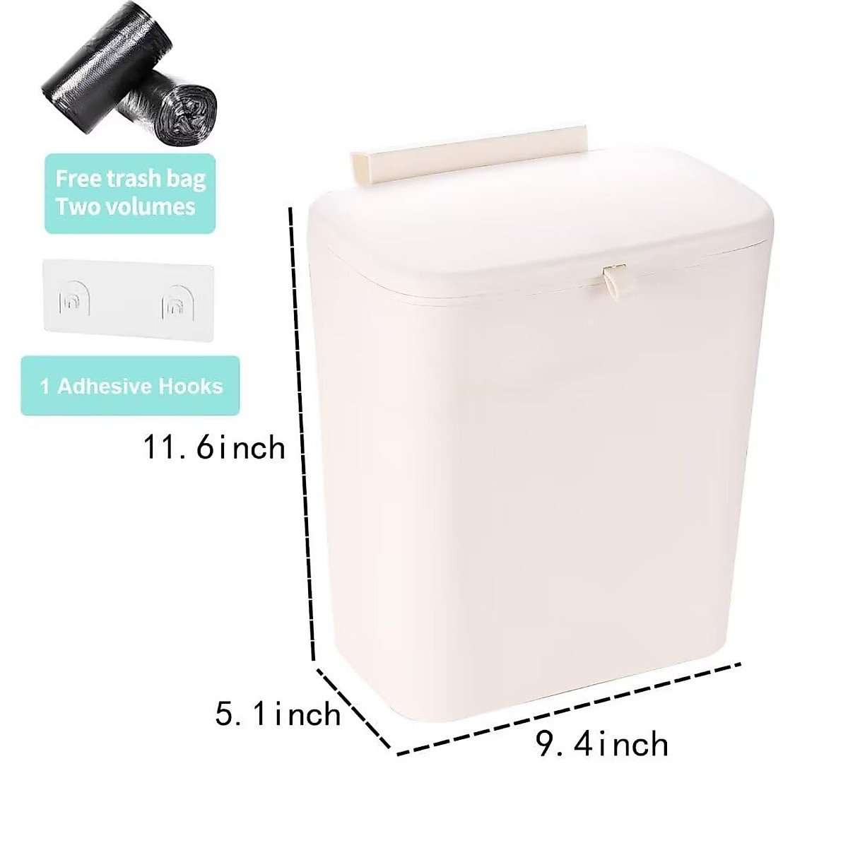 2.4 Gallon Hanging Trash Can with Lid for Kitchen Cabinet Door,9L Wall Mount Trash Can for RV Insider,Cupboard,Bathroom,Bedroom,Office and Under Sink,White