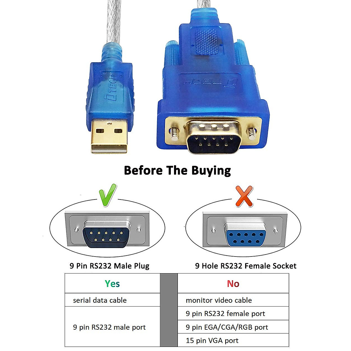 DTECH 10 Feet USB 2.0 to RS232 DB9 Serial Port Adapter Cable with FTDI Chipset Supports Windows 11 10 8 7 and Mac Linux
