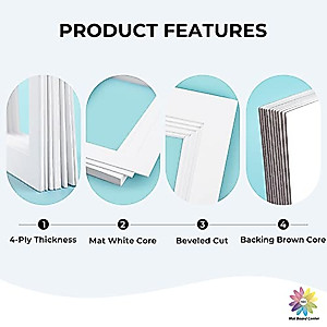 Mat Board Center, Pack of 50, 11x14 for 8x10 - White Mats, Clear Bags, Backing Boards - Acid Free, 4-ply Thickness, White Core - for Pictures, Photos, Framing