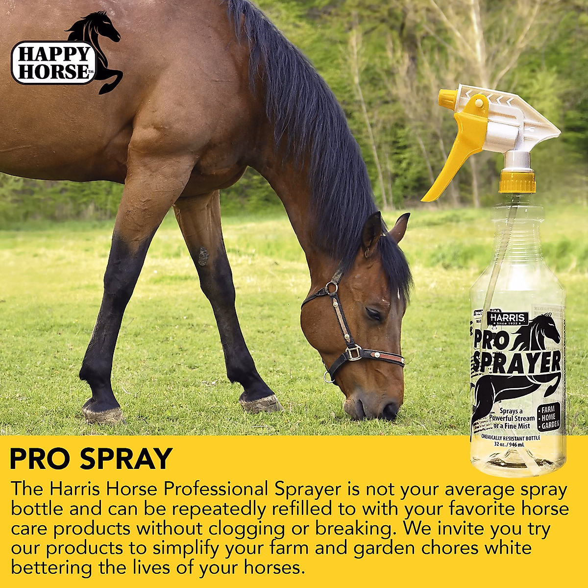 HARRIS Professional Spray Bottle for Horses 32oz (3-Pack), All-Purpose Chemically Resistant with Clear Finish, High Output Pressurized Sprayer, Adjustable Nozzle and Measurements