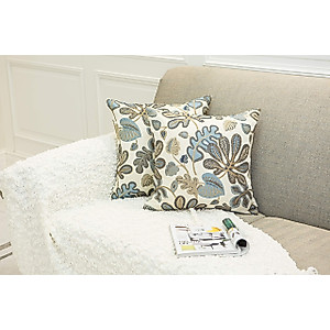 Mika Home Set of 2 Jacquard Tropical Leaf Pattern Throw Pillow Covers Decorative Pillowcase 20X20 Inches,Blue Cream