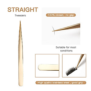 Eyelash Extension Tweezers, 3-Pack,Professional Stainless Steel Tweezers for Volume Lashes, Straight and Curved Tips for 3D-6D,Golden