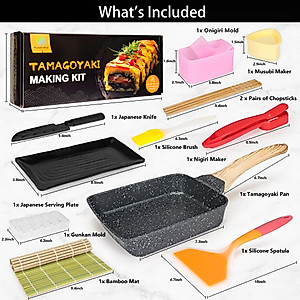 FUNGYAND Tamagoyaki Pan Set, 12-in-1 Japanese Omelette Egg Pan with Spatula, Bamboo Mat, Knife, and More Omelet & Sushi Accessories - Deluxe Complete Tamagoyaki Cookware Set - 5x7 Inches