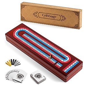 Ceebyfa Cribbage Board Game Set with Large Storage Area, Solid Wood 3 Track Cribbage Board, 9 Metal Pegs, 2 Playing Cards and Instruction. Travel Cribbage Sets for All Ages(Vintage Color).